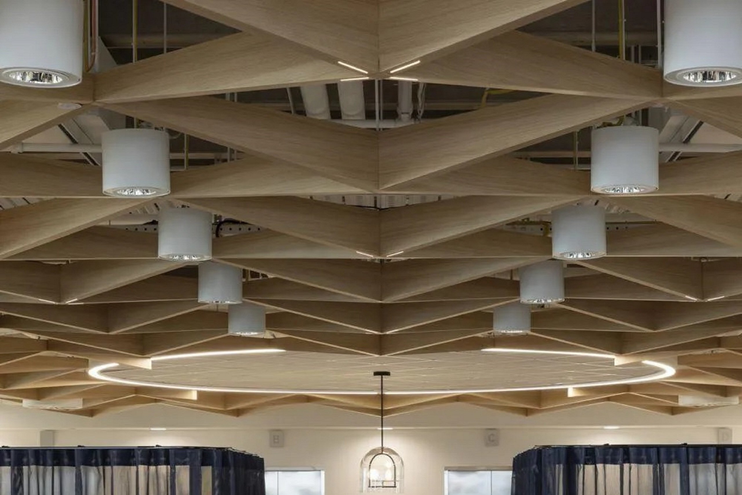 Woven WAFFLE BLADES ceiling floats over ANZ Raranga workspace ...